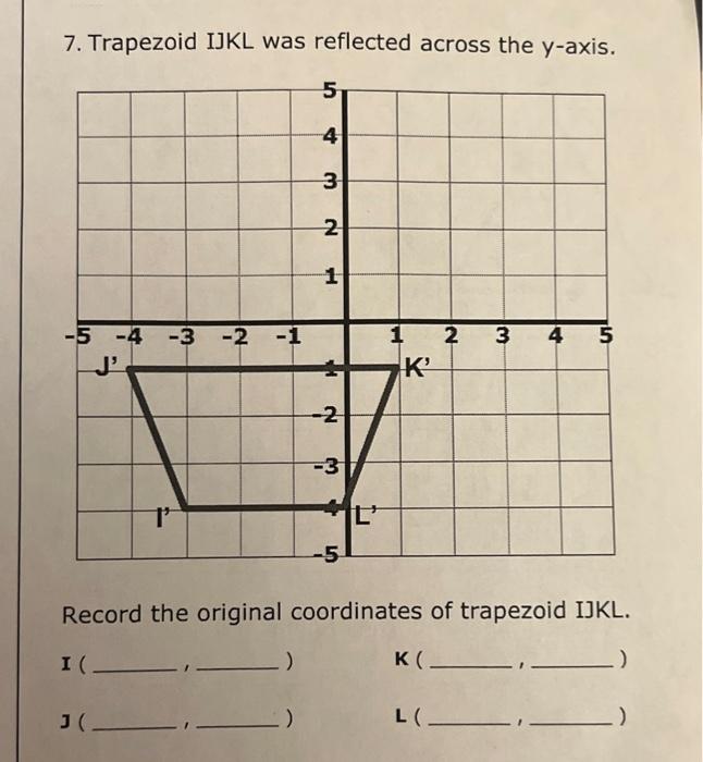 Solved 7. Trapezoid IJKL was reflected across the y-axis. | Chegg.com