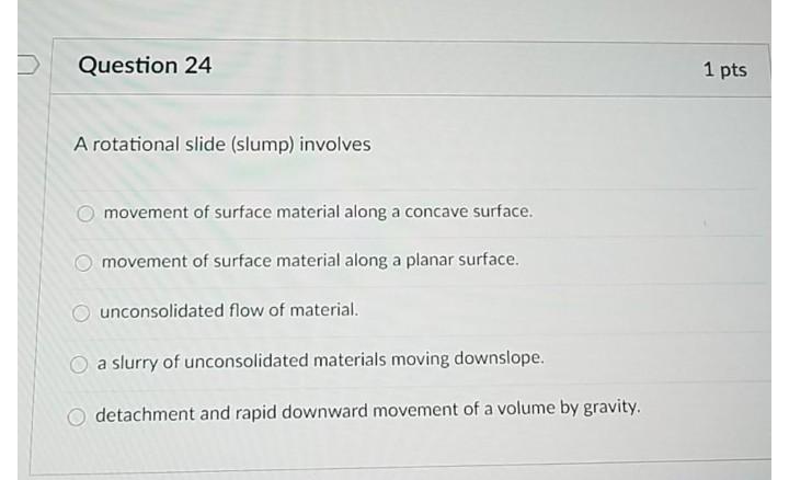 Solved Question 24 1 pts A rotational slide (slump) involves | Chegg.com