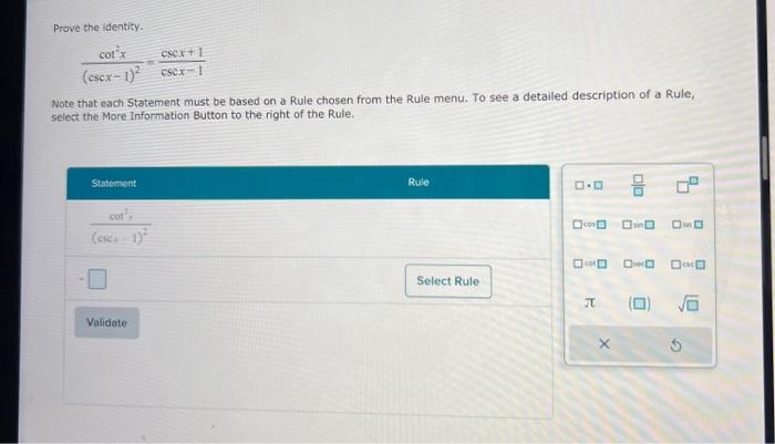 Solved Prove the identity. (cscx−1)2cot2x=cscx−1cscx+1 Note | Chegg.com