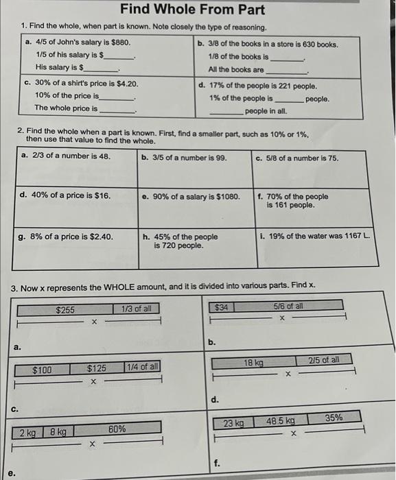 Solved 2. Find the whole when a part is known. First, find a | Chegg.com