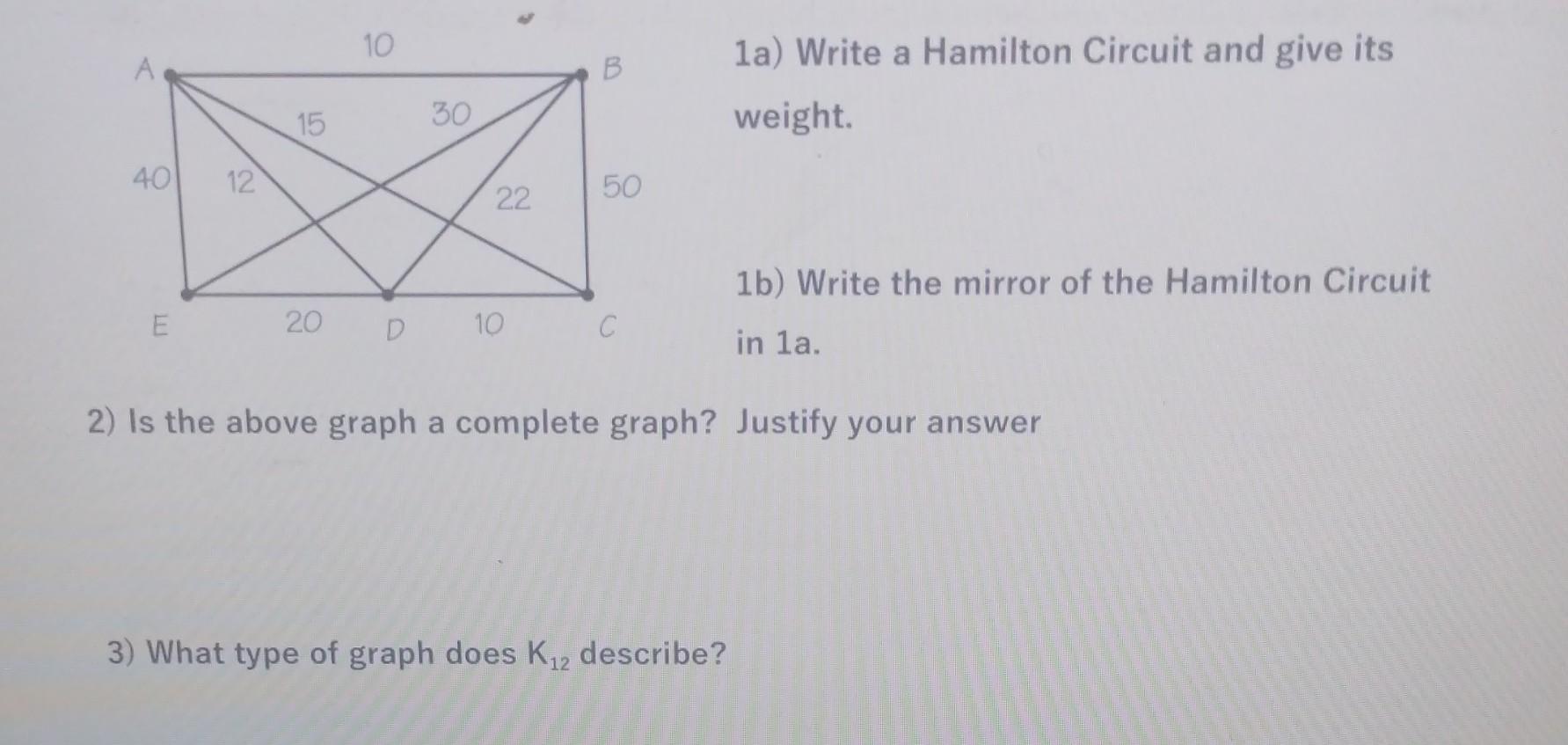 1a) Write a Hamilton Circuit and give its weight. 1b) | Chegg.com