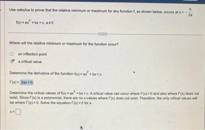Solved Use calculus to prove that the relative minimum or | Chegg.com