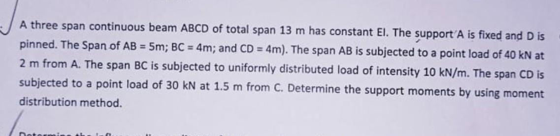 Solved A three span continuous beam ABCD of total span 13 m | Chegg.com