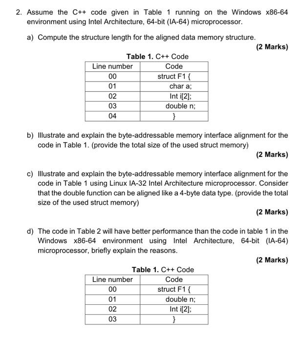 Solved 2. Assume the C++ code given in Table 1 running on | Chegg.com