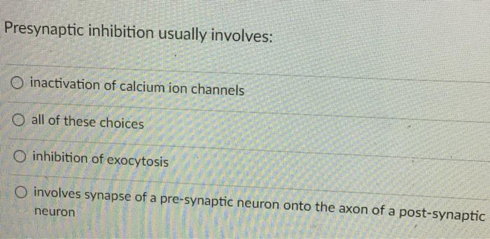 Solved Presynaptic inhibition usually involves: O | Chegg.com