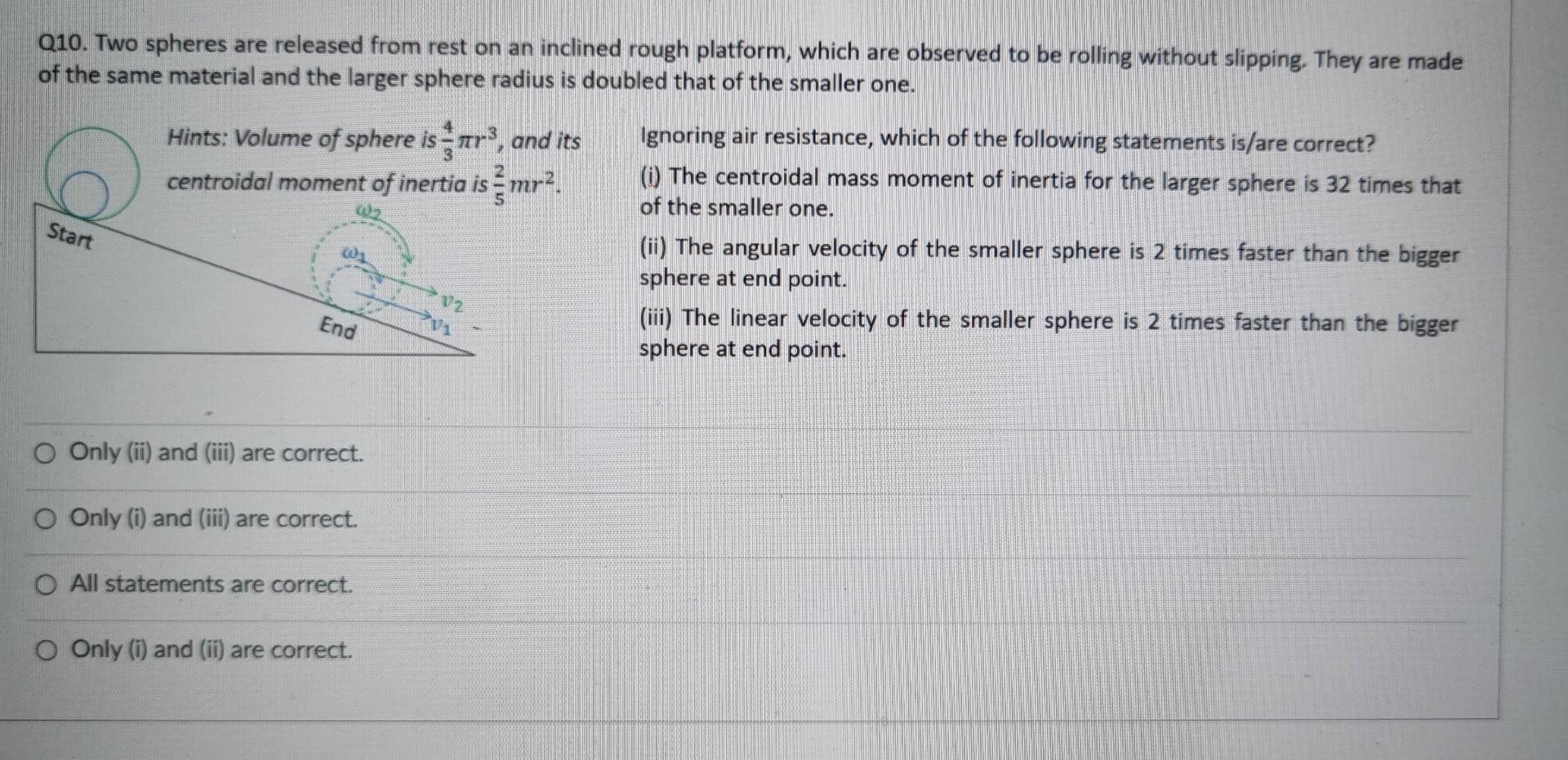 Solved Q10. Two spheres are released from rest on an | Chegg.com