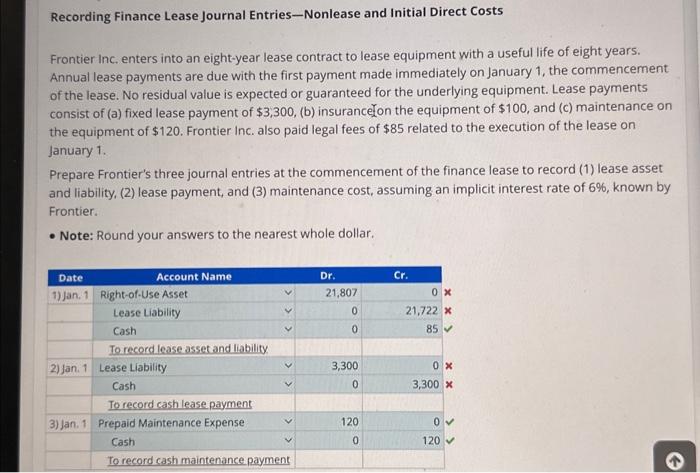 Solved Recording Finance Lease Journal Entries-Nonlease and | Chegg.com