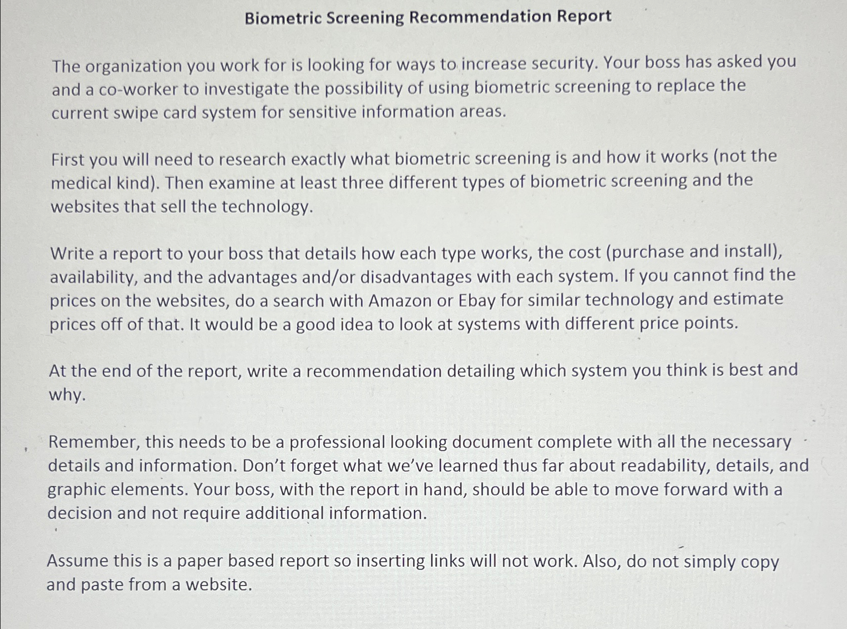 Biometric Screening Recommendation ReportThe | Chegg.com