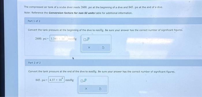 Solved The compressed air tank of a scuba diver reads 2600. | Chegg.com