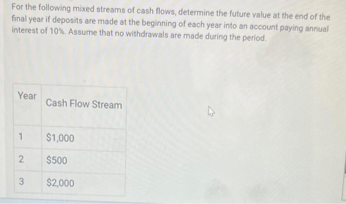 Solved For the following mixed streams of cash flows, | Chegg.com