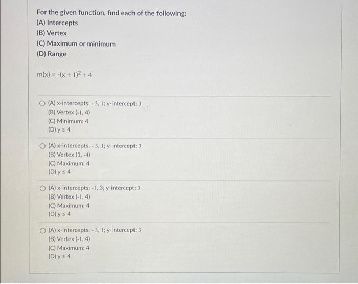 Solved For the given function, find each of the following: | Chegg.com