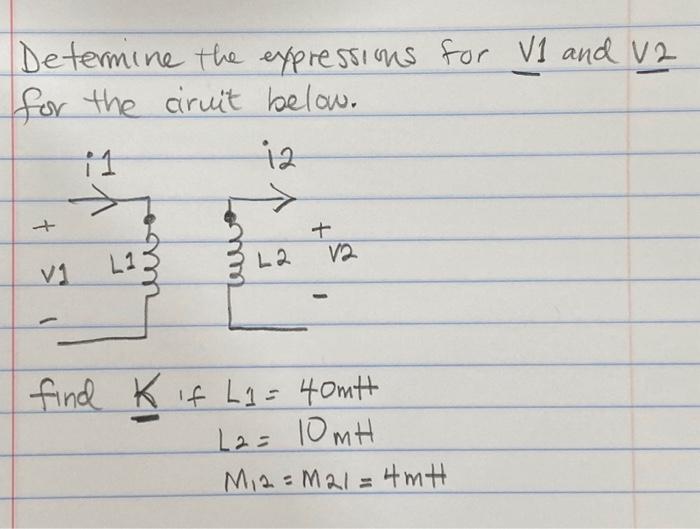 Solved Determine the expressions for V1 and V2 for the | Chegg.com