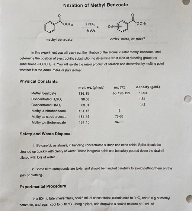 Solved Nitration of Methyl Benzoate methyl benzoate ortho, | Chegg.com
