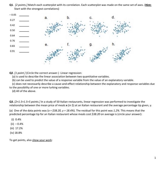 Solved Q1. [2 points.] Match each scatterplot with its | Chegg.com