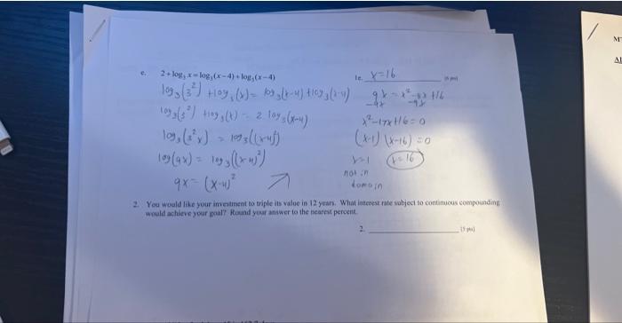 Solved c. 2+log3x=log3(x−4)+log3(x−4) le. | Chegg.com