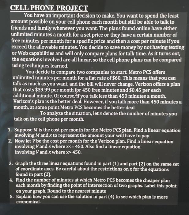 CELL PHONE PROJECT You have an important decision to | Chegg.com