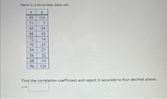 Solved Here Is A Bivariate Data Set Find The Correlation