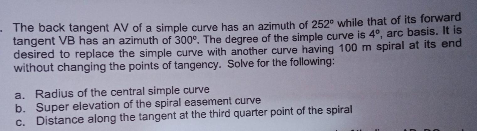 Solved - The back tangent AV of a simple curve has an | Chegg.com