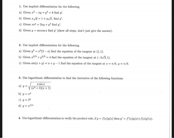 Solved 1. Use implicit differentiation for the following a) | Chegg.com