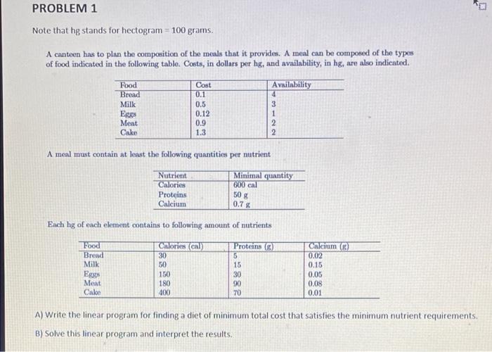 Solved PROBLEM 1 Note that hg stands for hectogram= 100 | Chegg.com