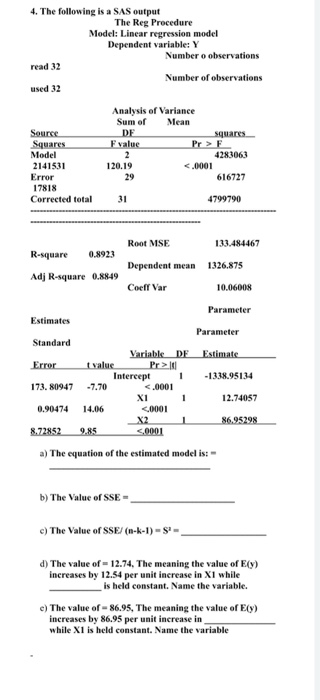 4. The following is a SAS output The Reg Procedure | Chegg.com