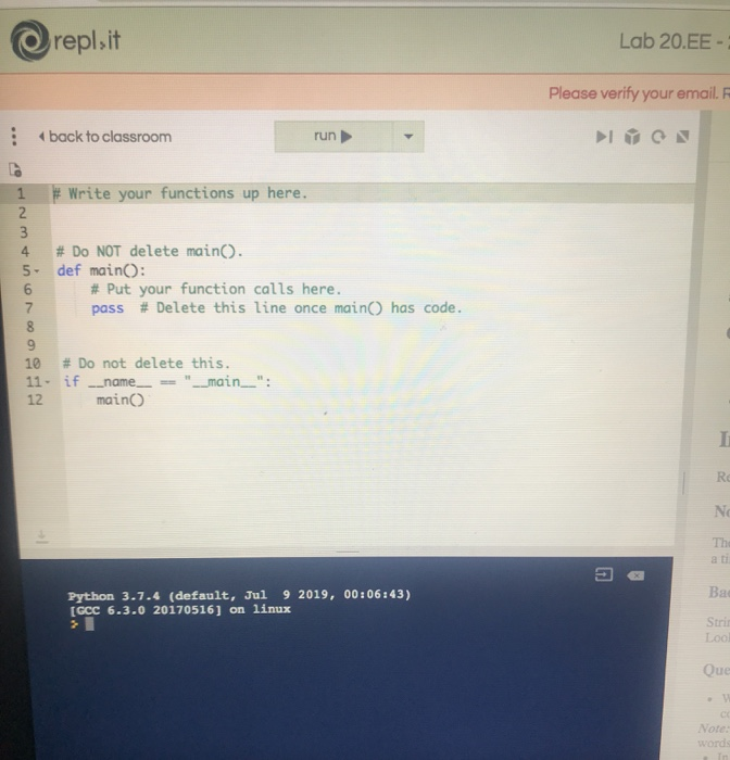 Solved replit Lab 20.EE Please verify your email. F back to | Chegg.com
