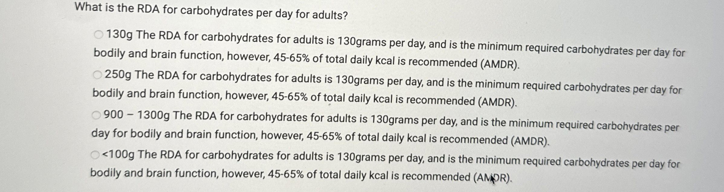 Solved What is the RDA for carbohydrates per day for | Chegg.com