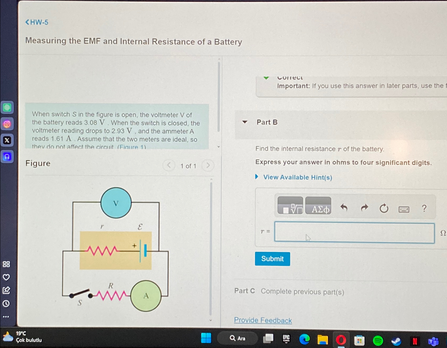 Solved V3.08V2.93VA1.61Arr=19°CS in ﻿the figure is ﻿open, | Chegg.com