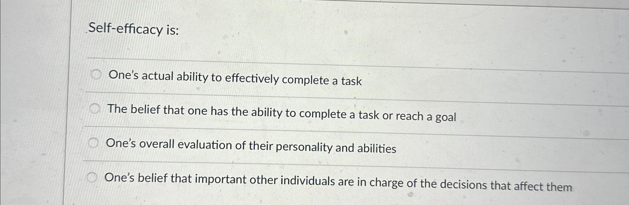 Solved Self-efficacy is:One's actual ability to effectively | Chegg.com