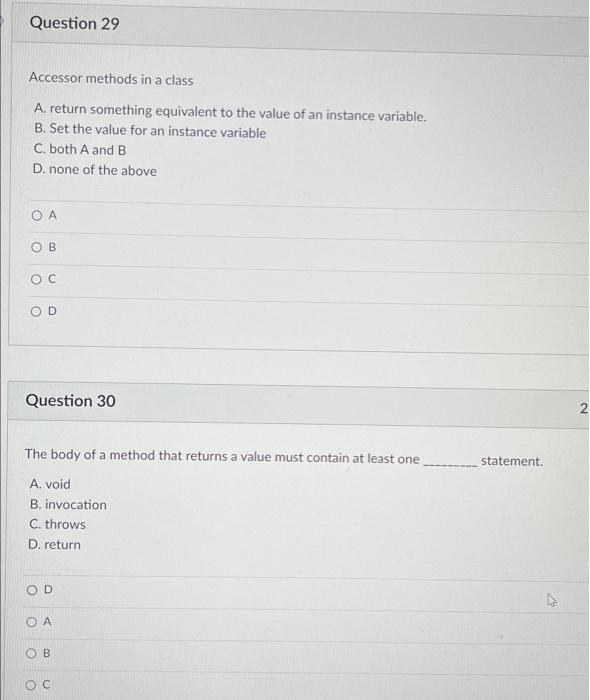 Solved Question 29 Accessor methods in a class A. return | Chegg.com