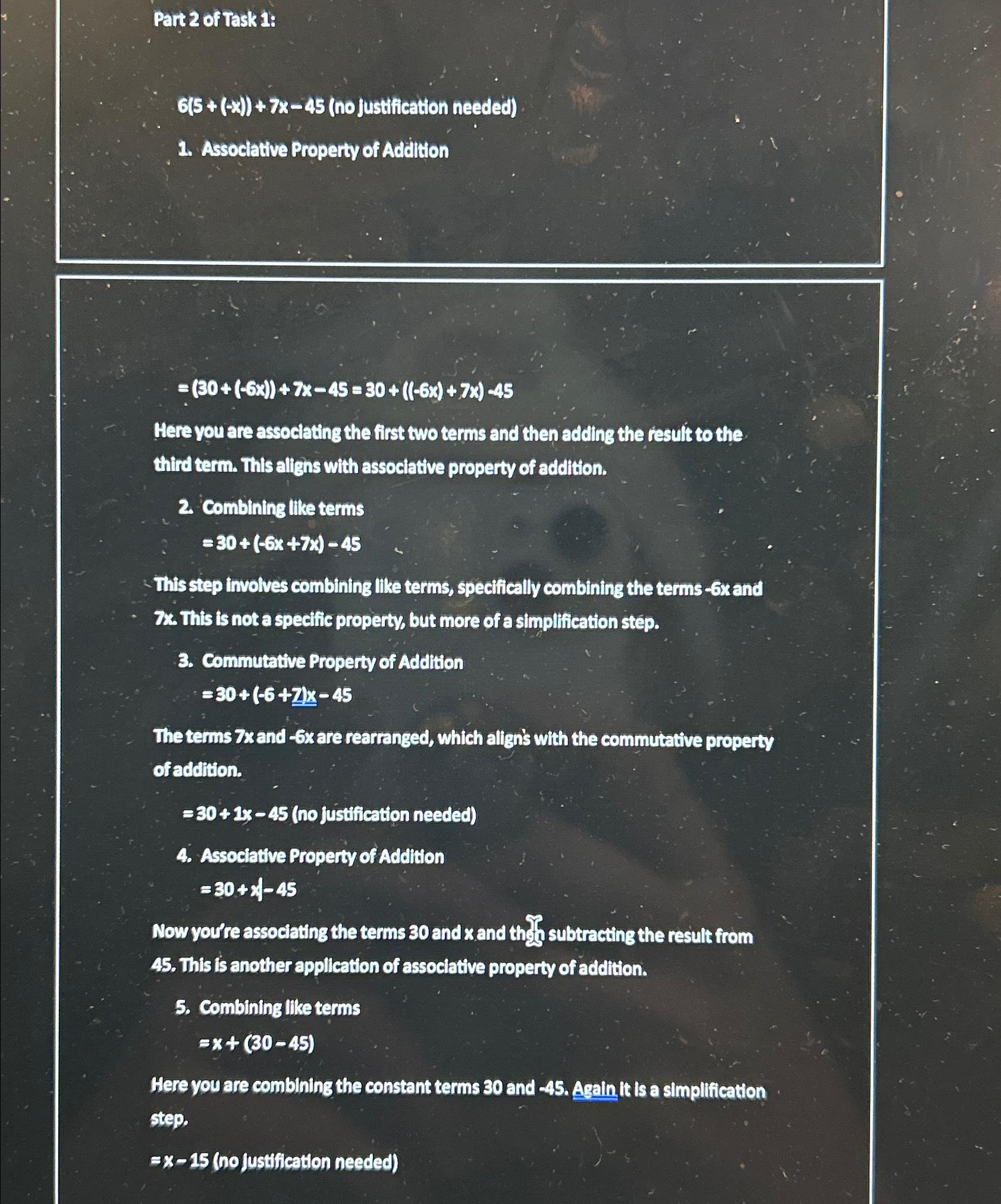 Solved Part 2 ﻿of Task 1:6(5+(x))+7x-45 (no justification | Chegg.com