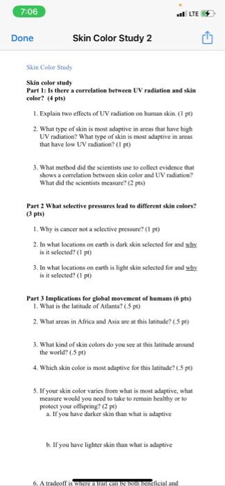 Solved 7:06 LTE Done Skin Color Study 2 Skin Color Study | Chegg.com