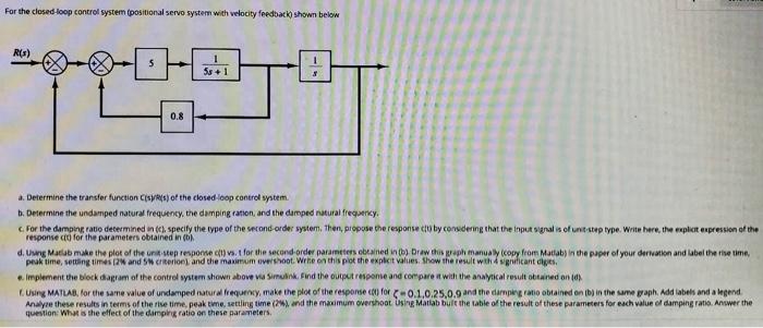Solved For the closed loop control system (positional servo | Chegg.com