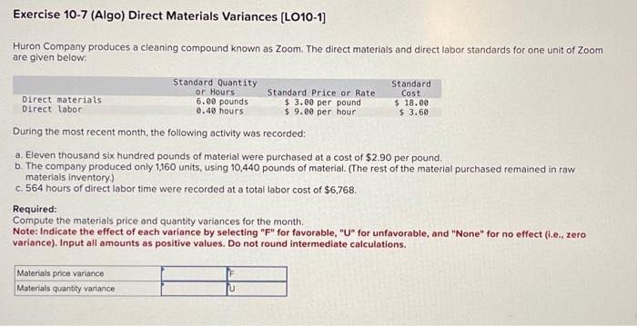 Solved Exercise 10-7 (Algo) Direct Materials Variances | Chegg.com
