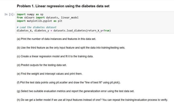 Problem 1. Linear regression using the diabetes data | Chegg.com