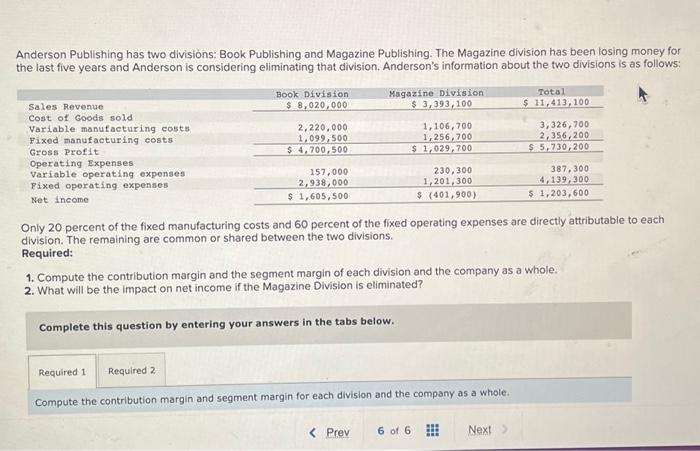 Solved Anderson Publishing has two divisiòns: Book | Chegg.com
