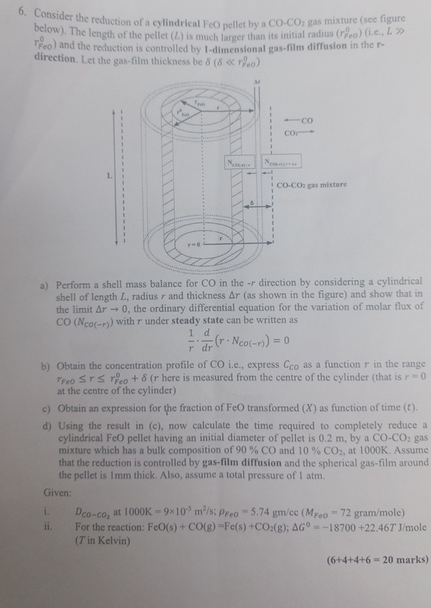 Solved Consider the reduction of a cylindrical FeO pellet by | Chegg.com