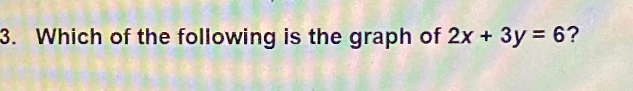 Solved Which of the following is the graph of 2x+3y=6 ? | Chegg.com