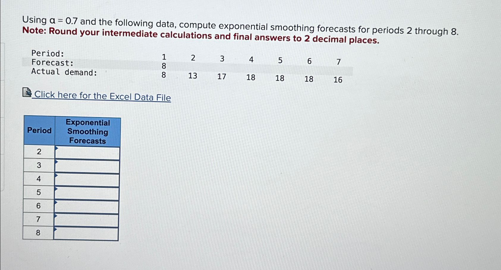 Solved Using a=0.7 ﻿and the following data, compute | Chegg.com