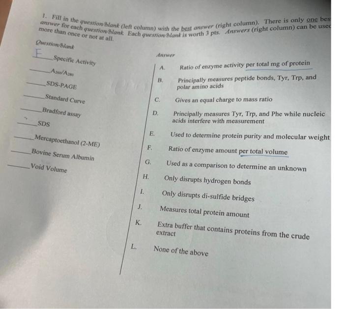 Solved 1. Fill in the question blank (left column) with the | Chegg.com