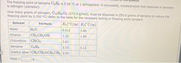 Solved The freezing point of benzene C6H6 is 5.50∘C at 1 | Chegg.com