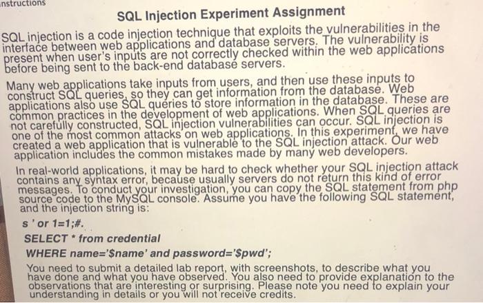 Solved Sql Injection Experiment Assignment Sql Injection Is 6510