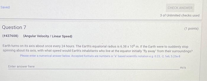 Solved (\#437608) (Angular Velocity / Linear Speed) Earth | Chegg.com