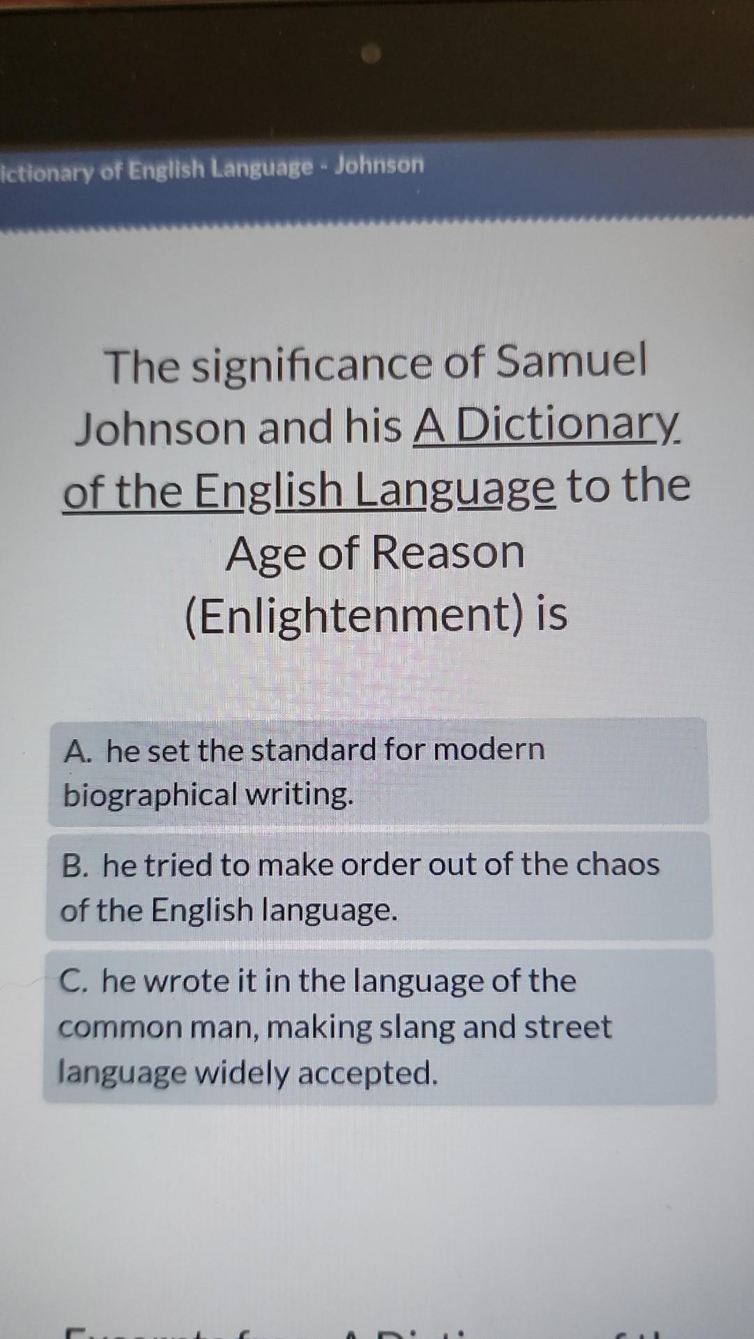 The significance of Samuel Johnson and his A | Chegg.com