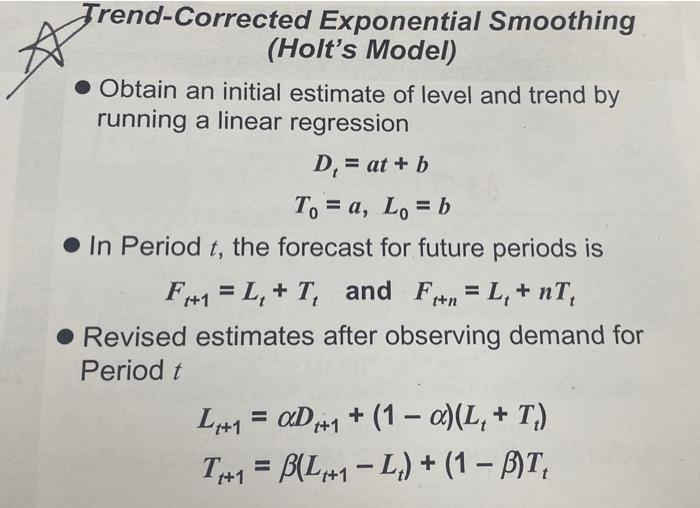 Solved need help with Holts model method by hand. here are | Chegg.com