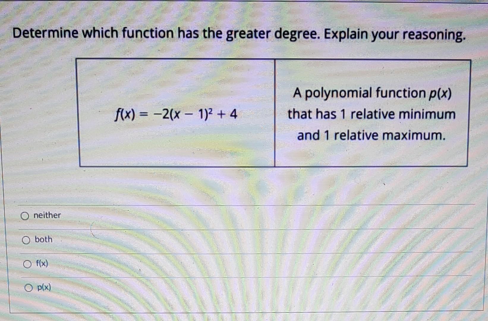 Solved Determine which function has the greater degree. | Chegg.com