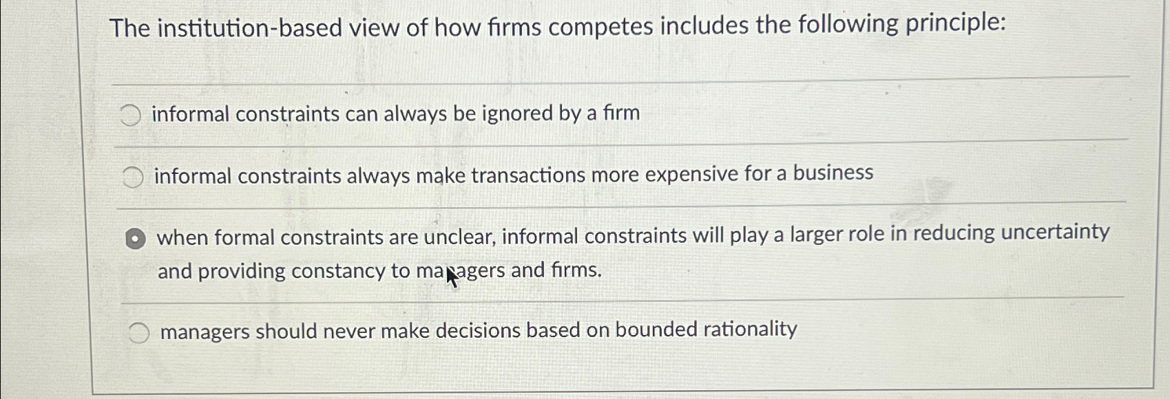 Solved The institution-based view of how firms competes | Chegg.com