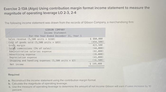 Solved Exercise 2-13A (Algo) Using contribution margin | Chegg.com