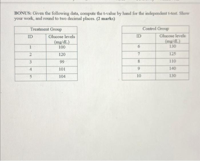 Solved BONUS: Given the following data, compute the t-value | Chegg.com
