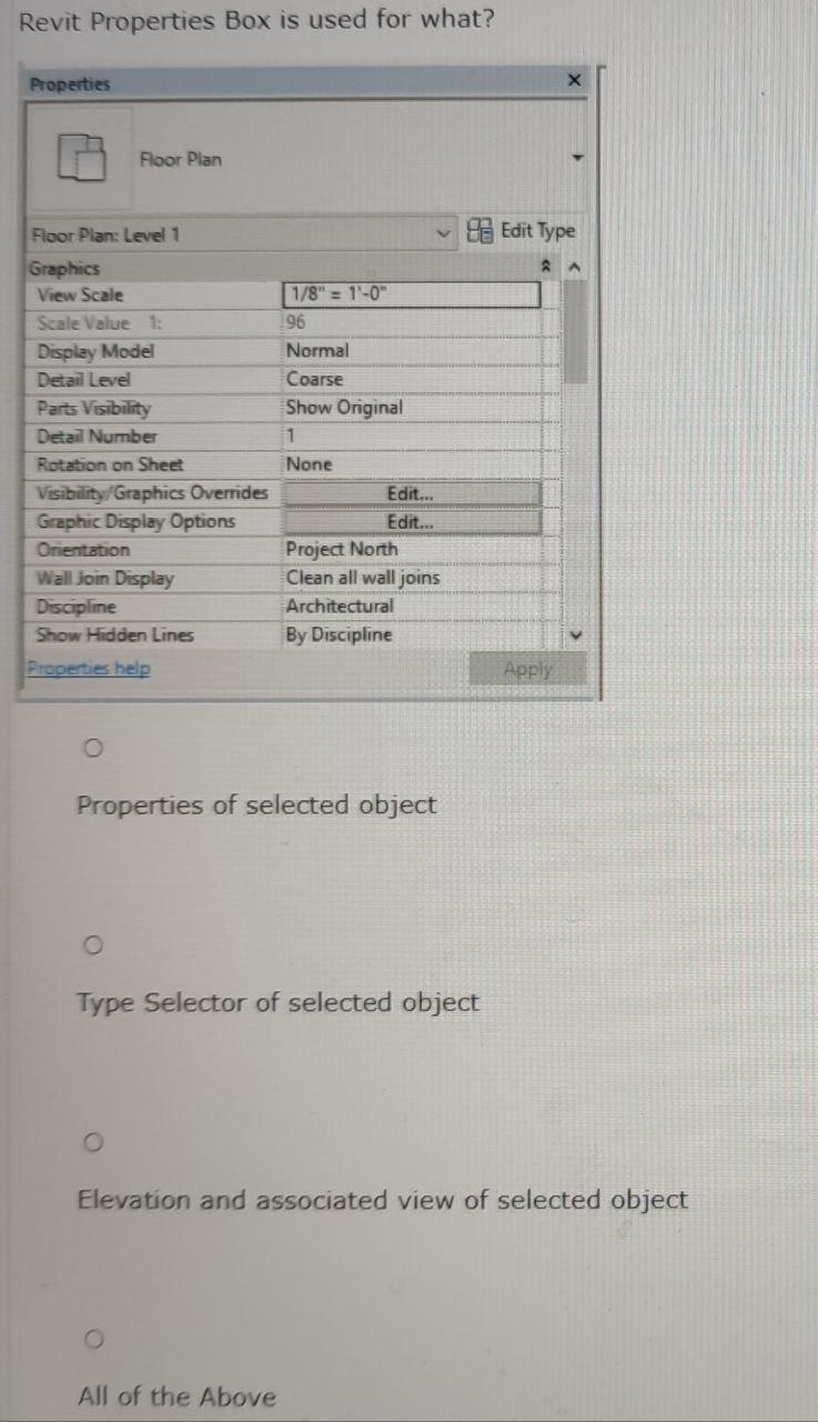 Solved Revit Properties Box is used for what? Properties | Chegg.com